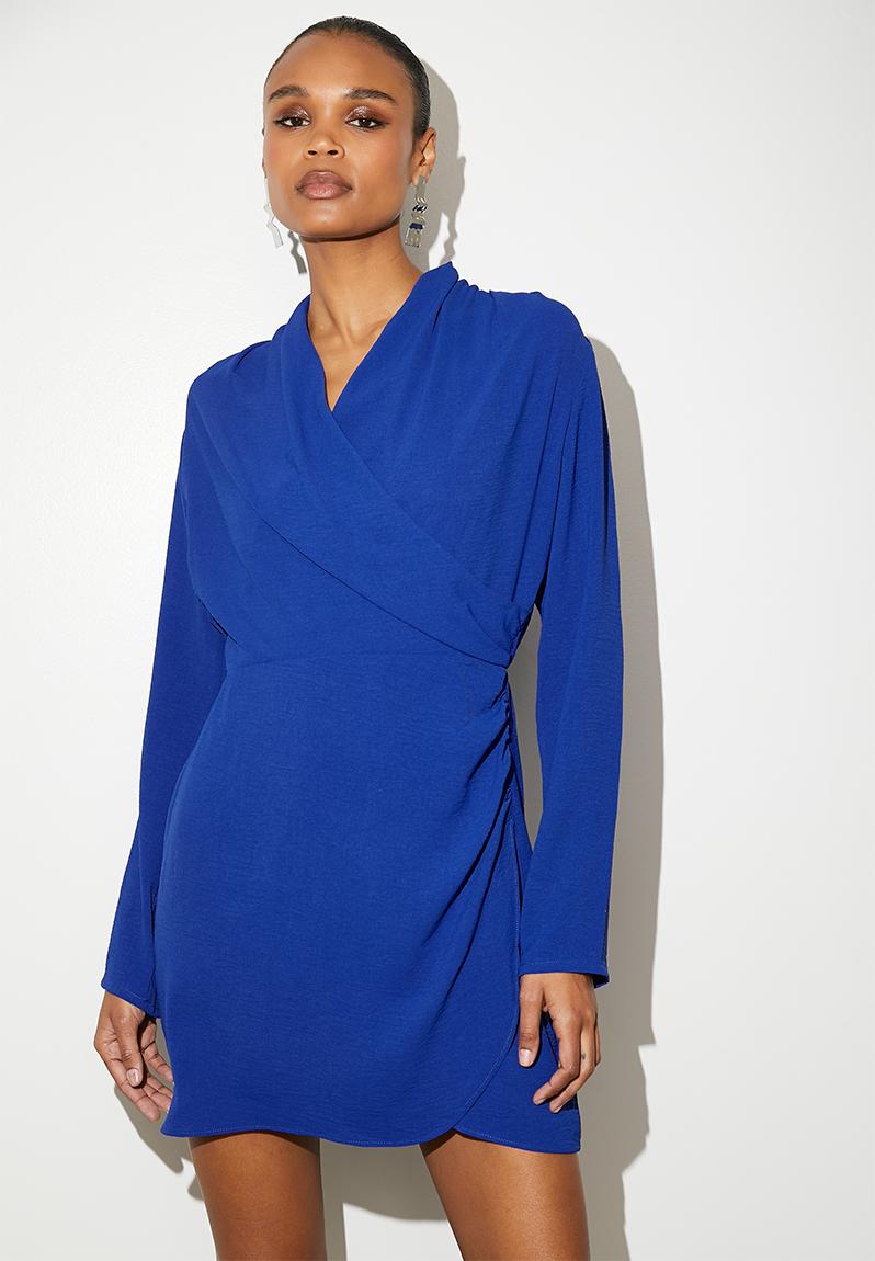 Drape detail wrap mini dress - electric blue