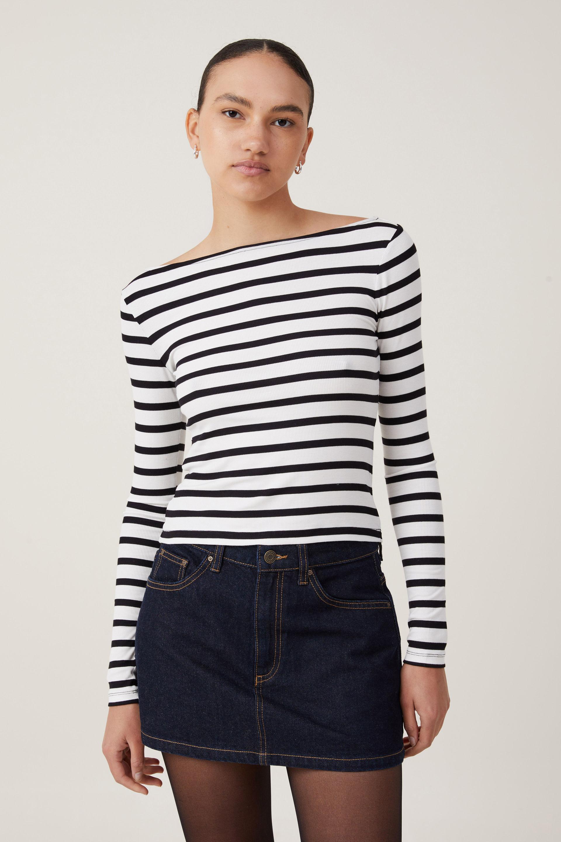 Staple Rib Boat Neck Long Sleeve Top -Demi Stripe Natural White/Black
