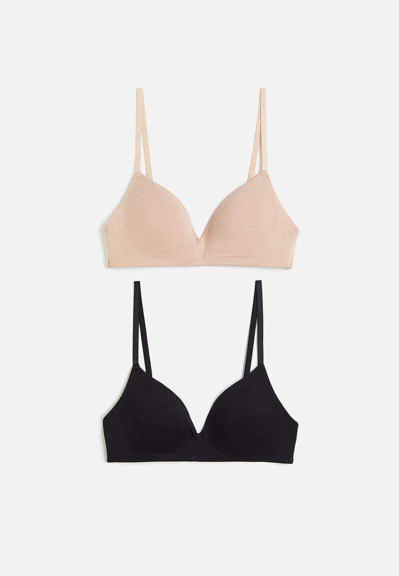 2-pack padded non-wired cotton bras - beige/black - 1208310002