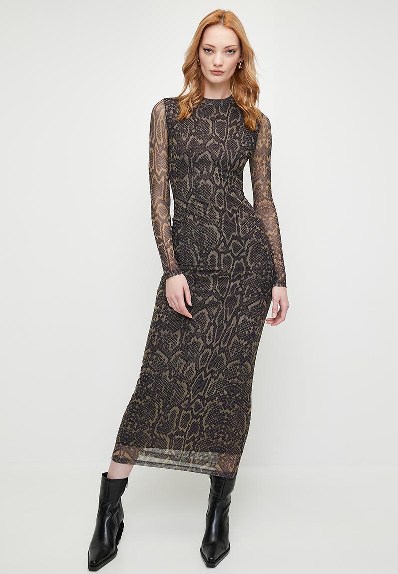 Printed Column Mesh Dress - Sheer Snake