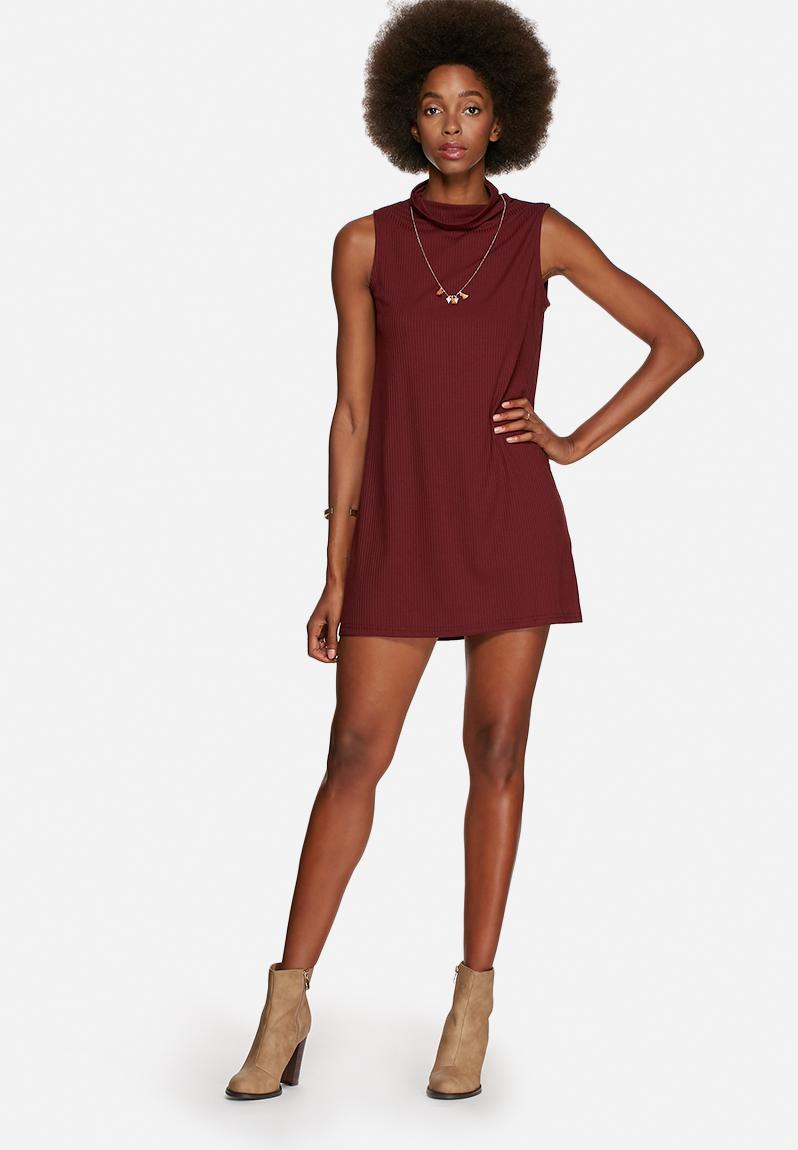 Funnel Neck Rib Dress - Burgundy