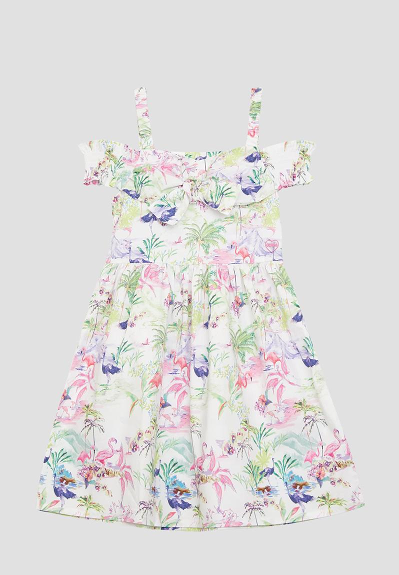 Poplin off-shoulder dress - flamingo love combo