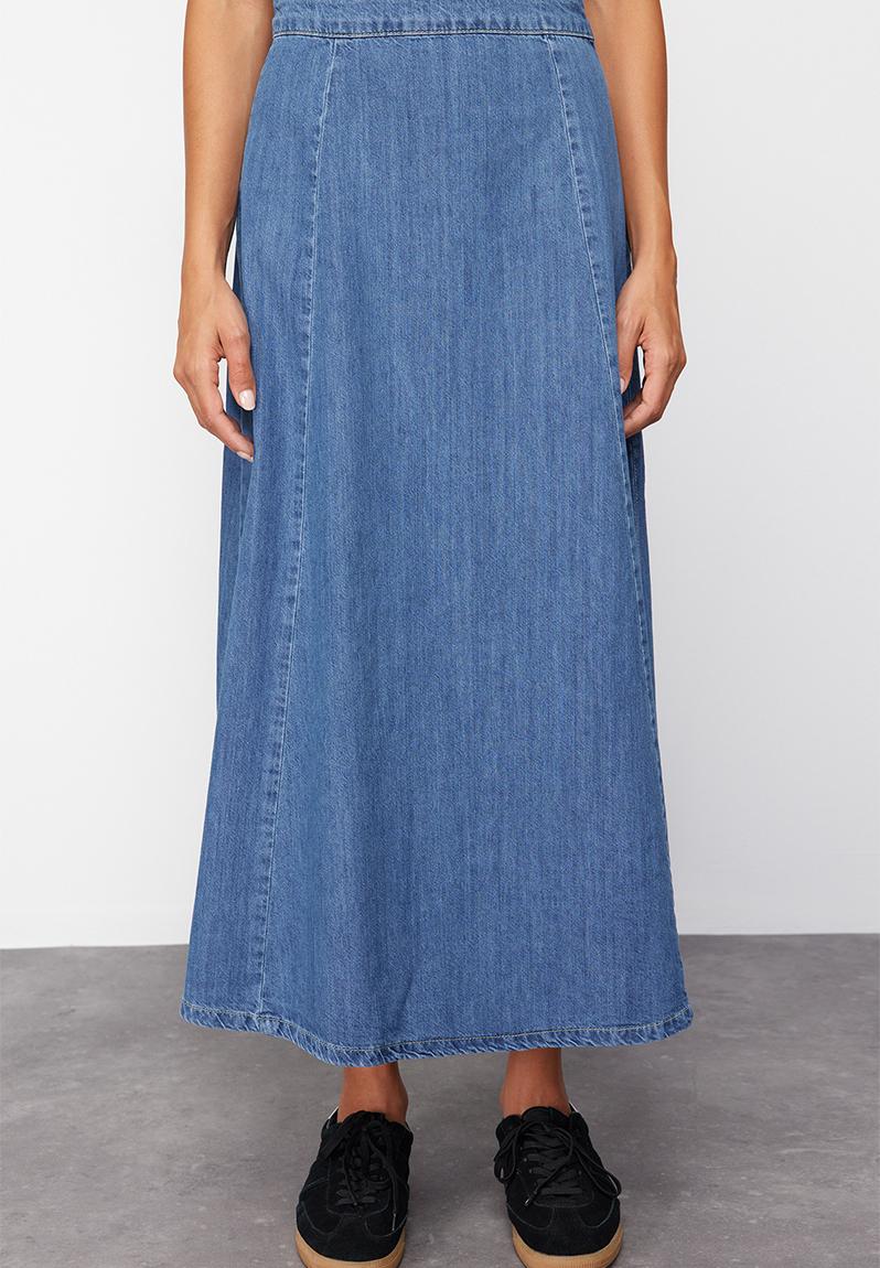 High Waist Midi Modest Denim Skirt - Dark Blue