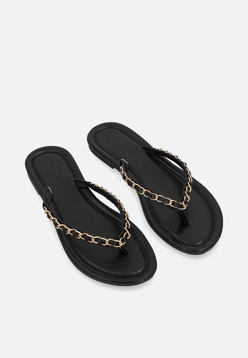 Chain link thong sandals - black & gold