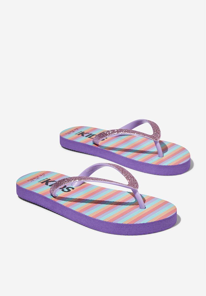 Printed flip flop - rainbow stripe/lilac drop glitter