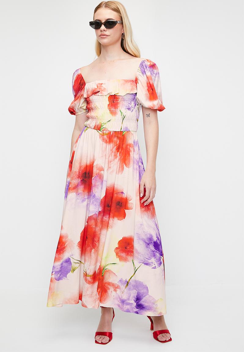 shirring fit & flare midi dress with ruffle - blurred large scale floral