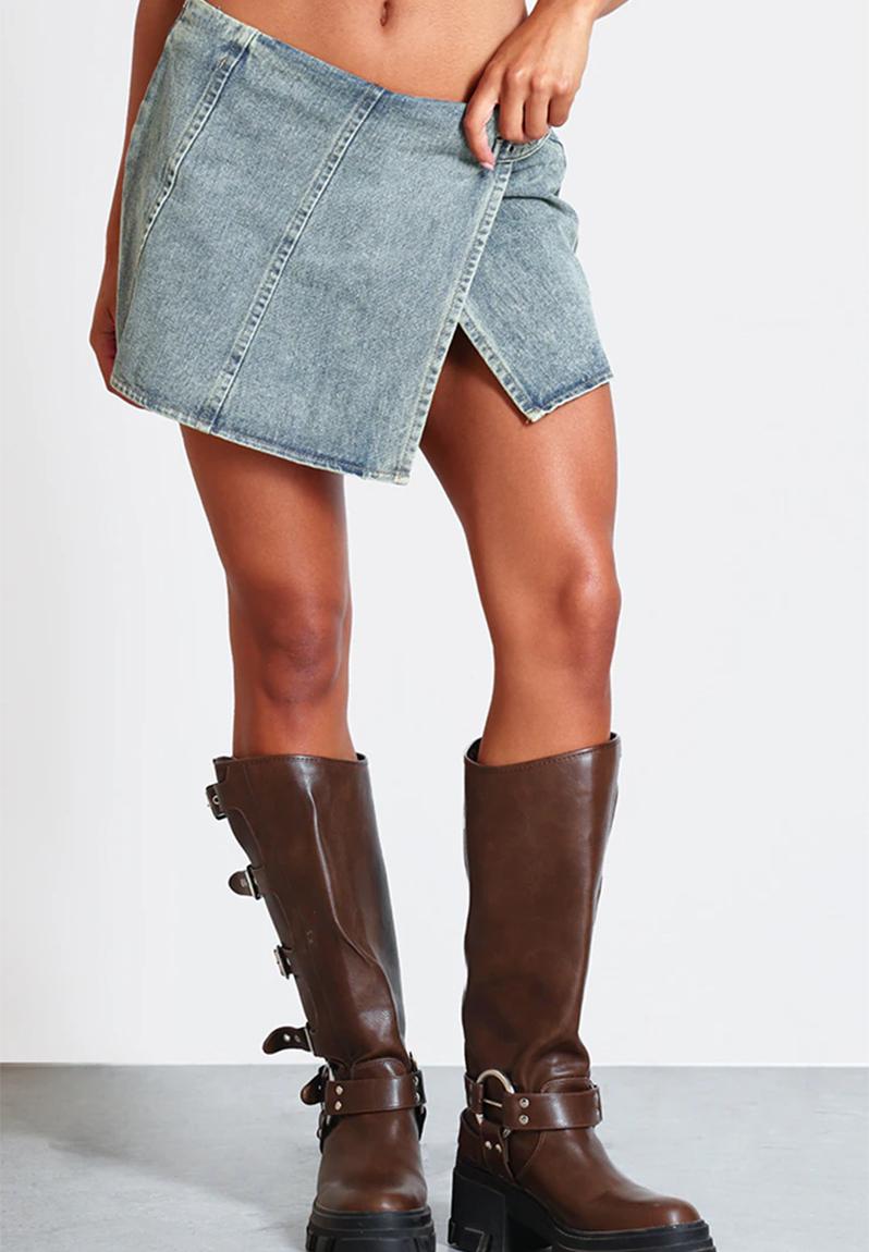 Mid Rise Denim Wrap Over Mini Skirt - Vintage Wash