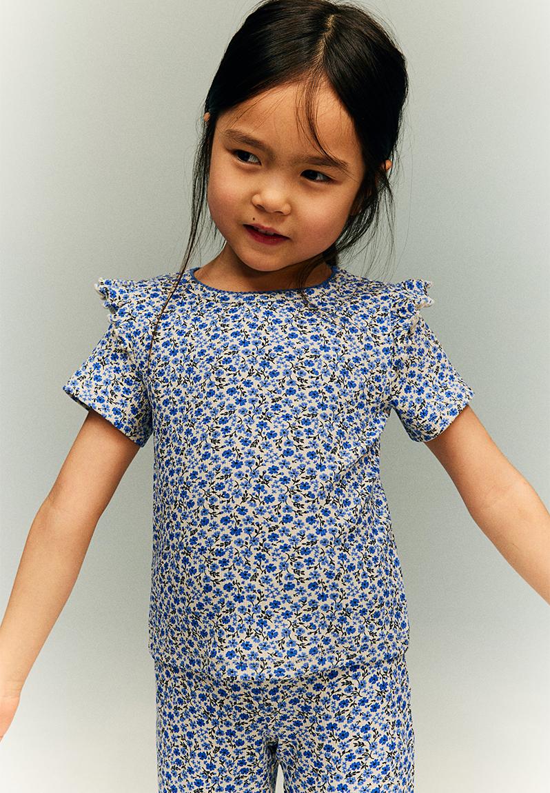 Frill-trimmed ribbed t-shirt - blue/floral - 1226334002