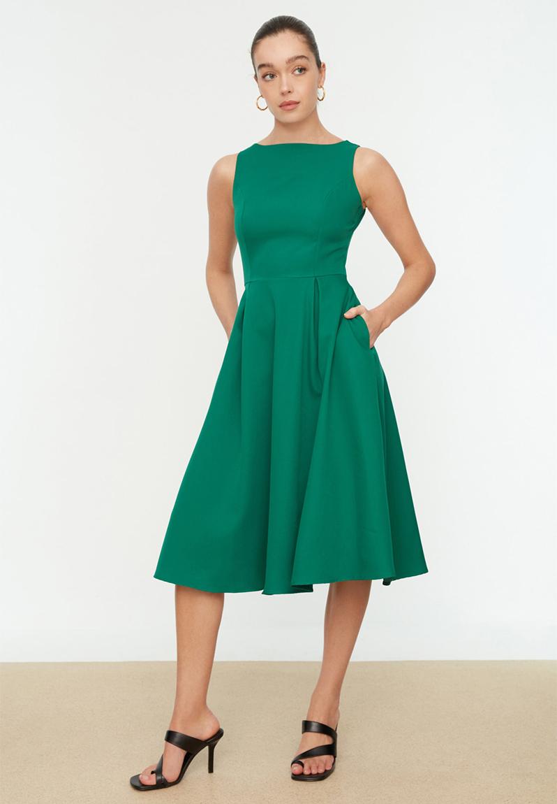 Waist Opening Pleated Midi Woven Dress - Green Trendyol Casual ...