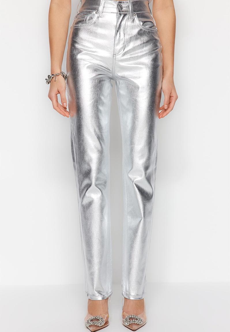 Shiny metallic print high waist straight jeans - silver
