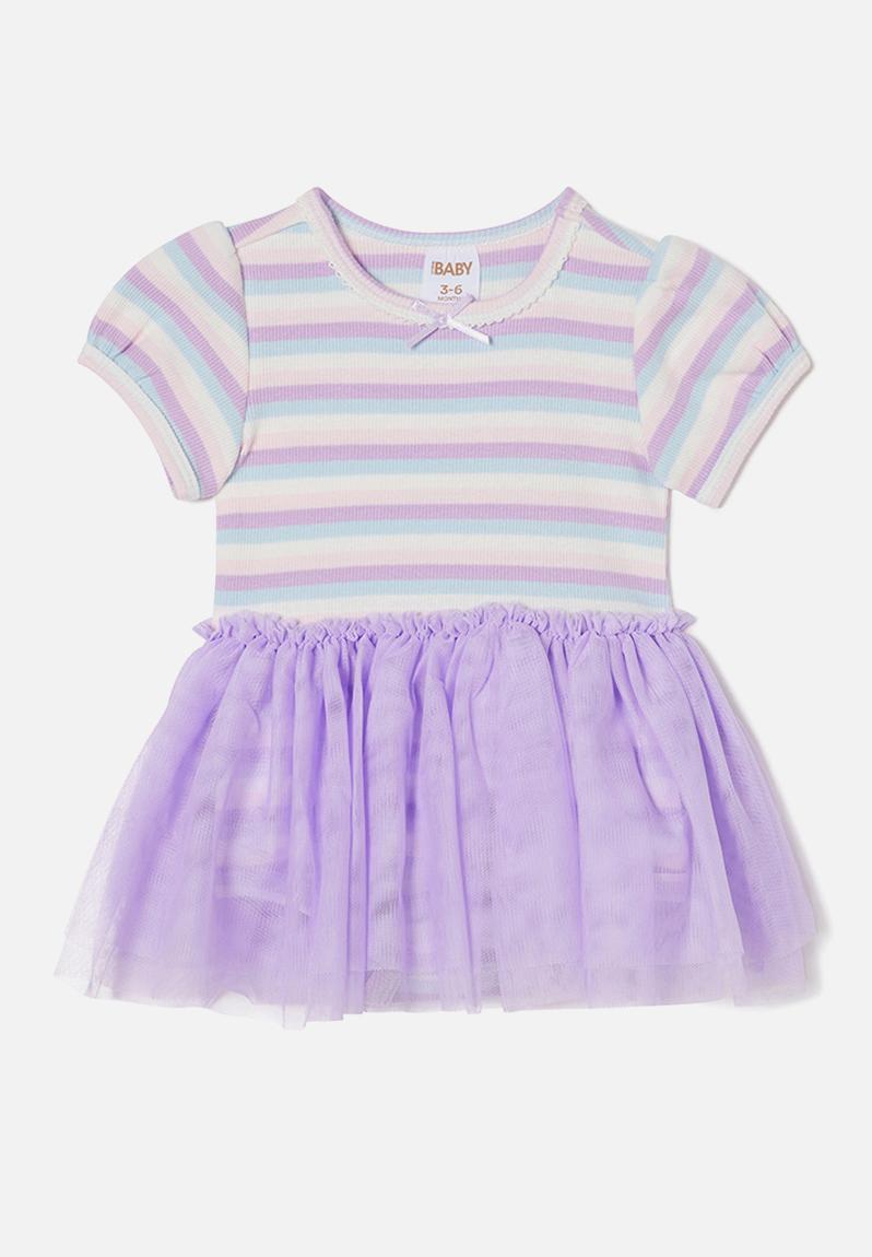 Violet puff sleeve tulle dress - vintage lilac/rainbow stripe