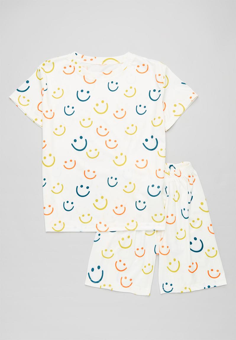 Smiley print pj set-ecru