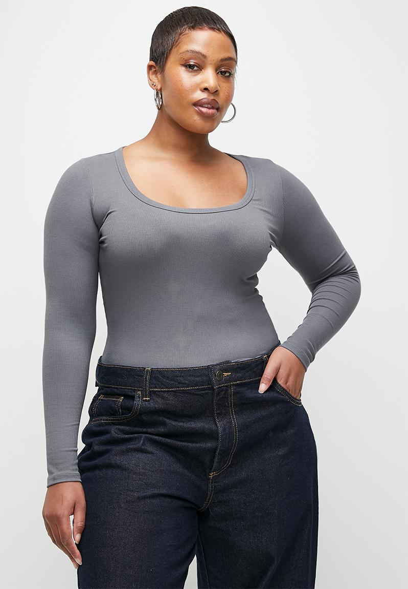 Plus Staple Rib Scoop Neck Long Sleeve Top - Steel