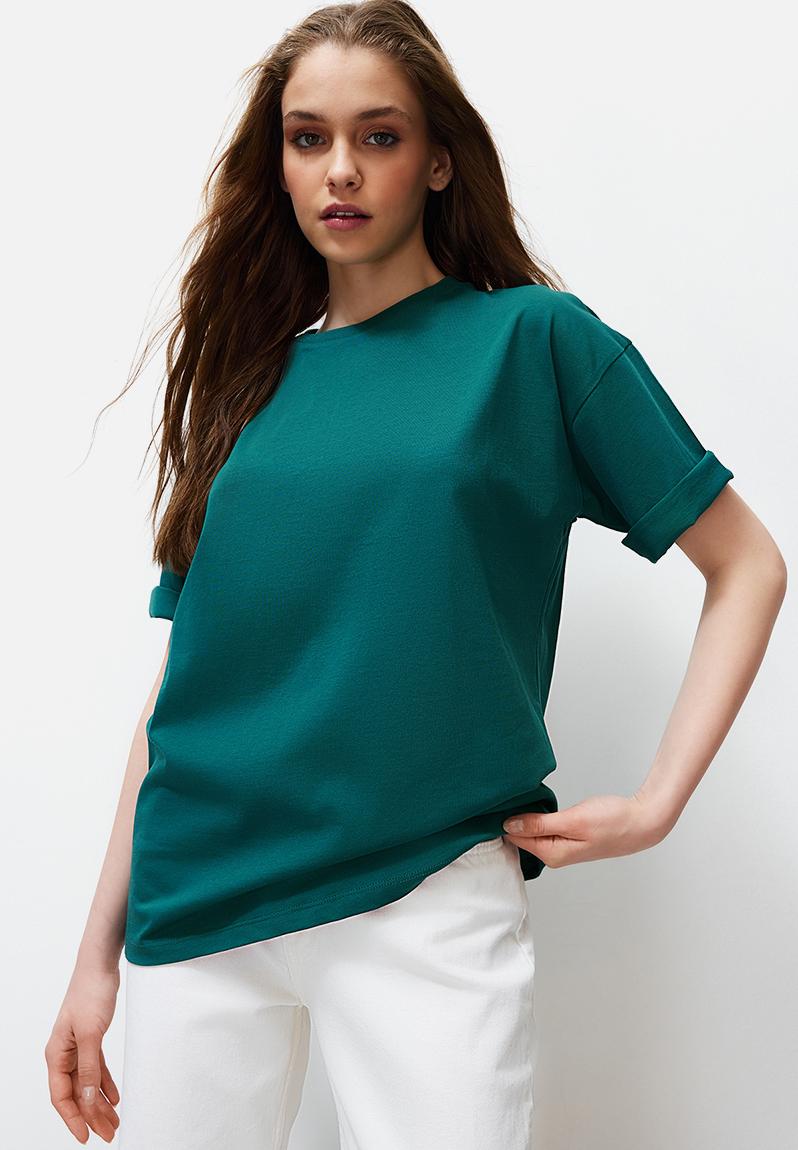 Back Motto Printed Oversize/Creature Knitted Tee - Emerald Green