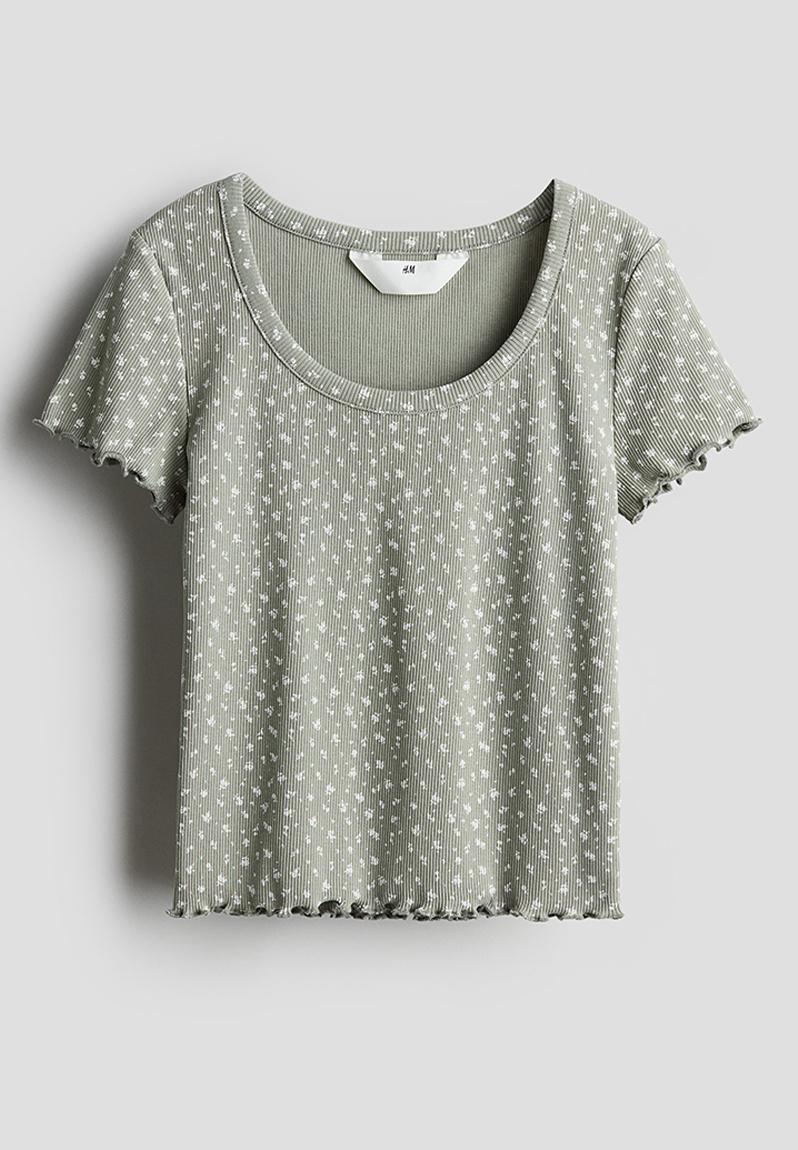 Ribbed t-shirt - dusty green/floral - 1218941013