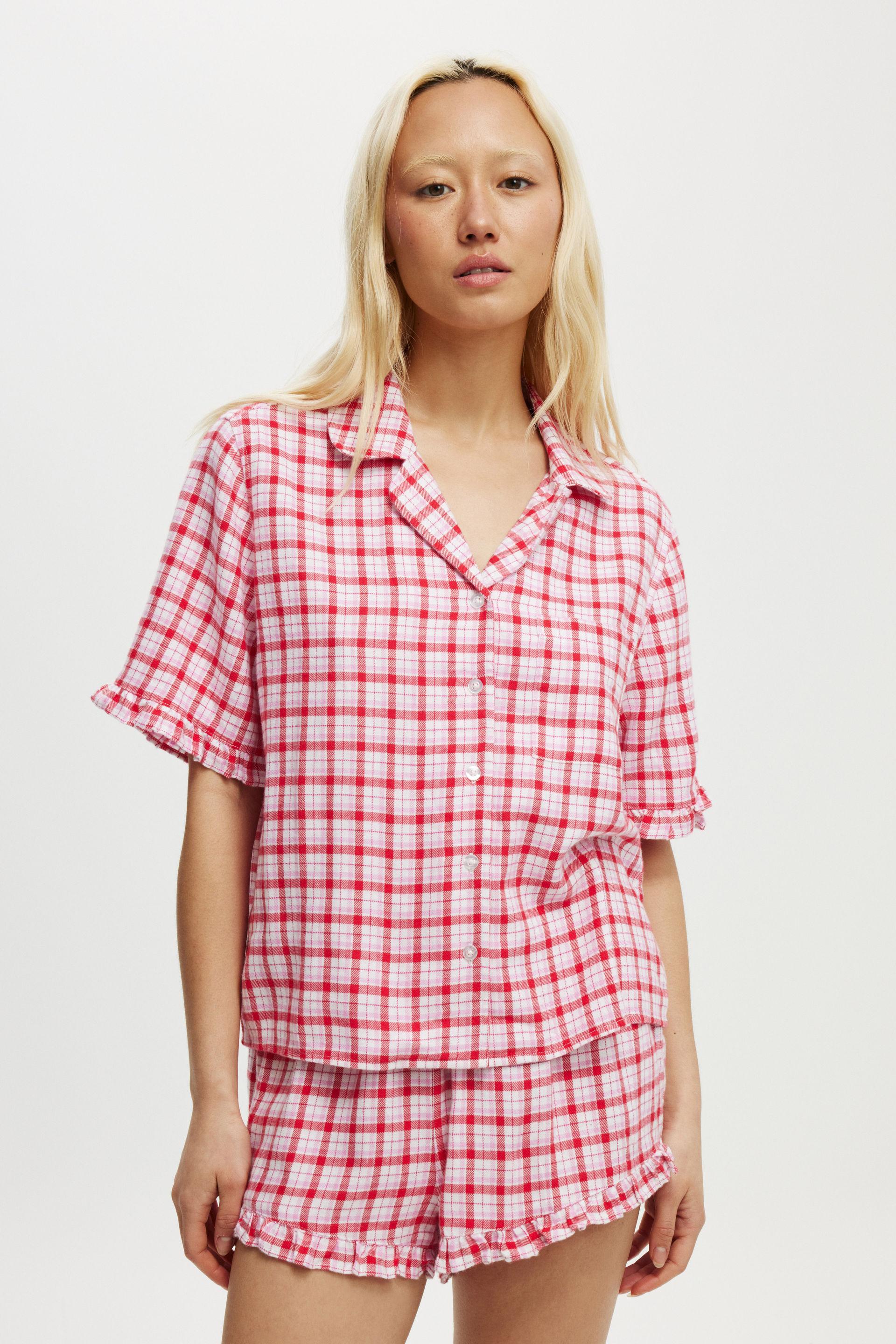 Flannel Short Sleeve Shirt And Short Sleep Set -Teddie Stripe/Soft Red