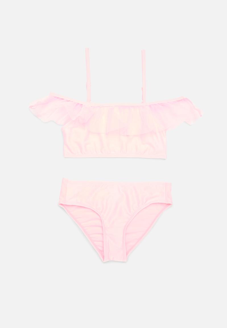 Mesh ruffle bikini set - pink