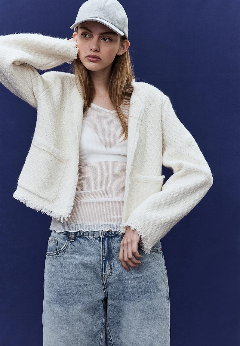 Frayed-edge textured-knit cardigan - cream - 1227718001