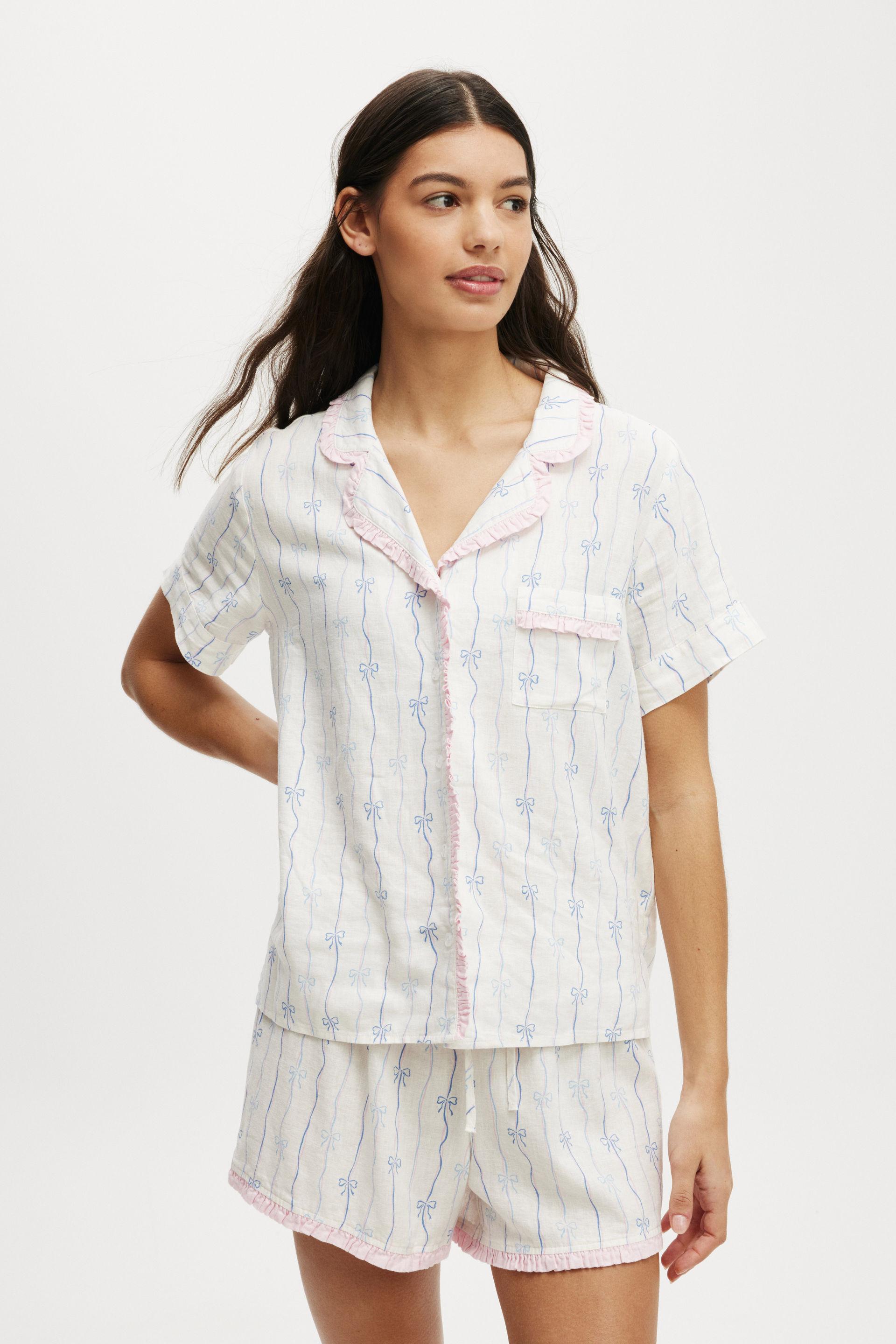 Body Woven Ruffle Sleep Set-Bow Stripe/Blue Pink