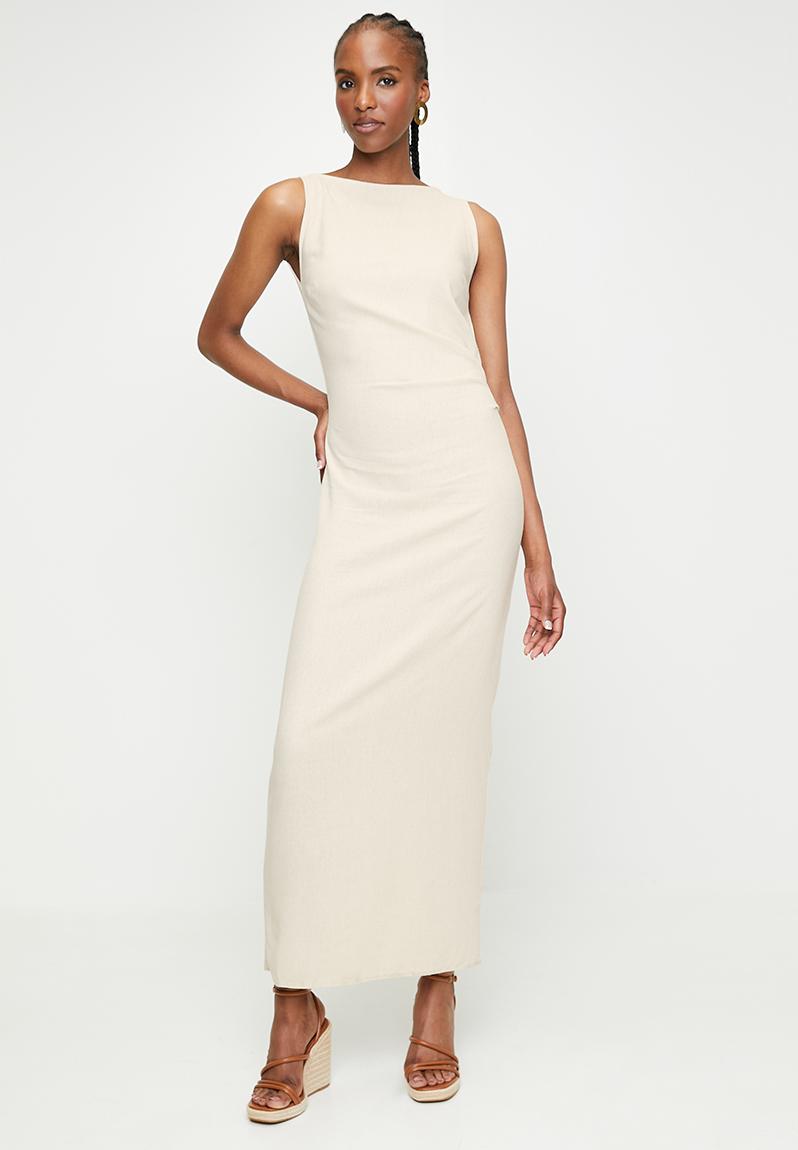 Slash Neck Linen Blend Column Maxi Dress - Neutral