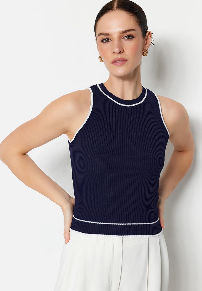 Color Block Knitwear Blouse - Navy Blue