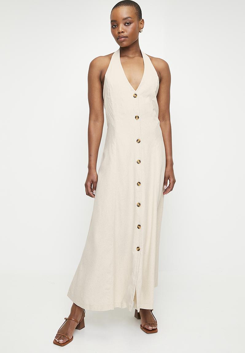 Linen Blend Halter Midi Dress - Neutral