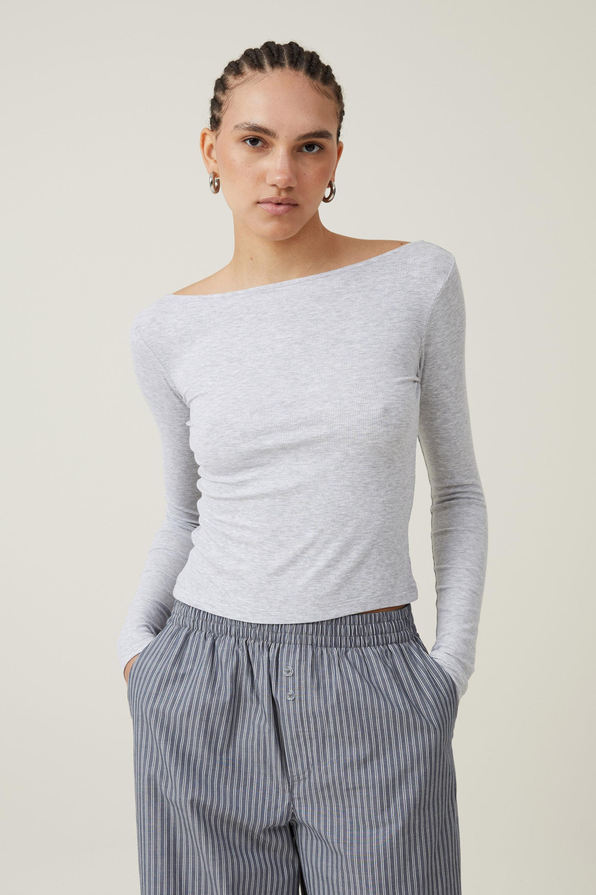Staple Rib Boat Neck Long Sleeve Top - Grey Marle