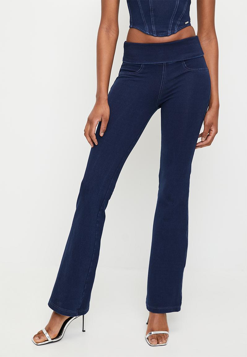 Audrey:mid waist flare with fold over waistband - indigo