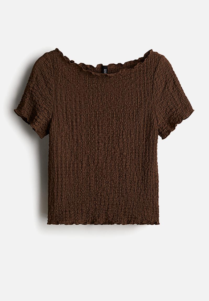 Overlock-detail textured t-shirt - dark brown - 1254872003