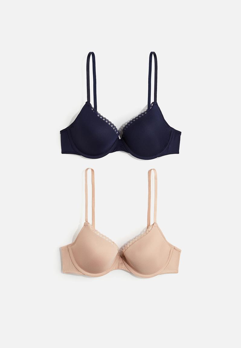 2-pack padded underwired microfibre bras - navy blue/beige - 1233220005