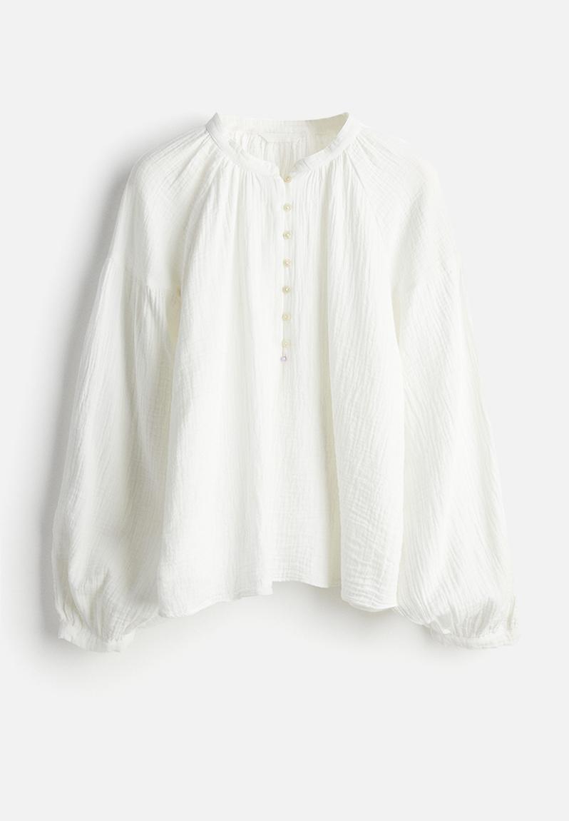 Balloon-sleeved muslin blouse - white - 1257838001