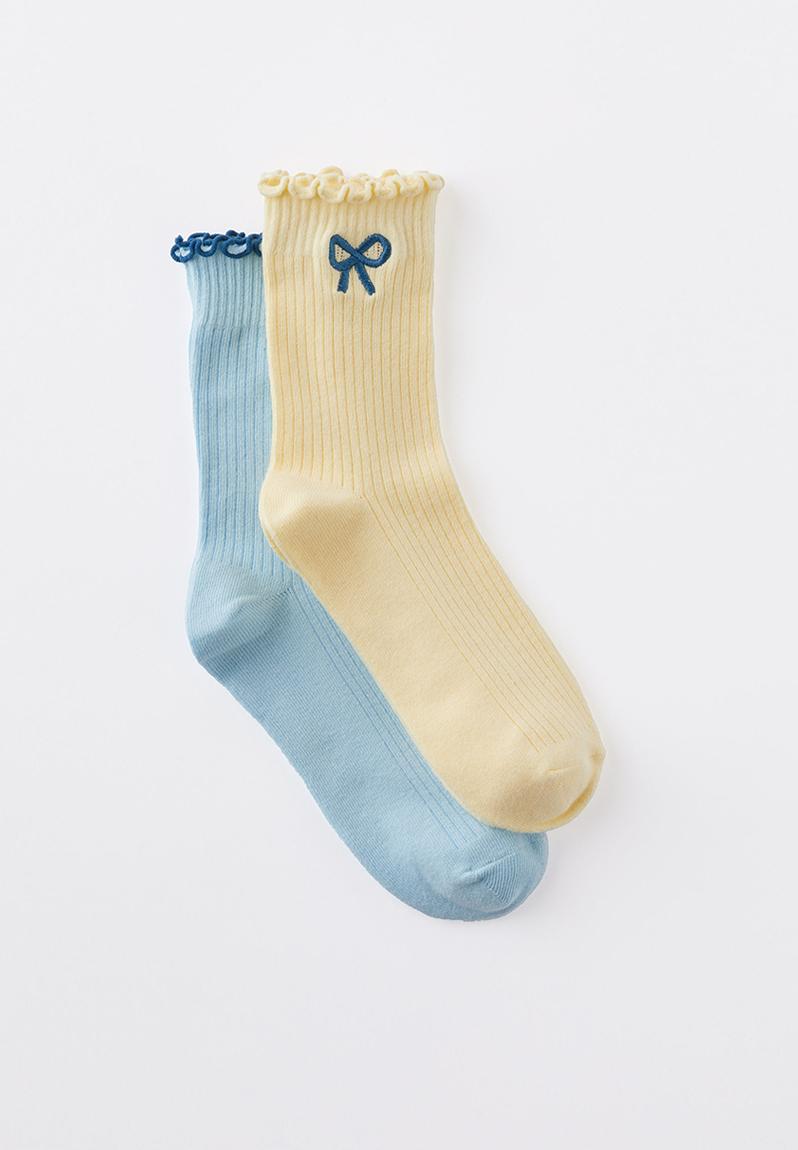 The Perfect Pair Frill Rib Crew Sock 2Pk - Bow Lemon/Light Blue