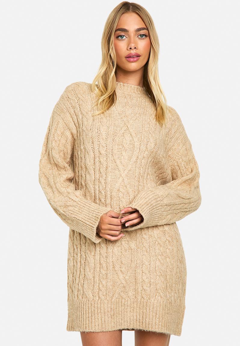 Premium Cable Knit Oversized Mini Dress - Beige