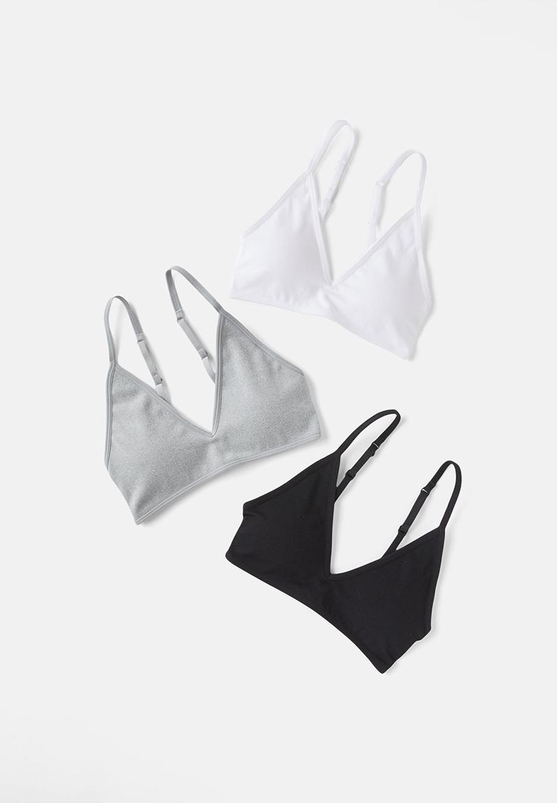 Seamless Triangle Padded Bralette 3 Pack - Black/White/Grey Marle