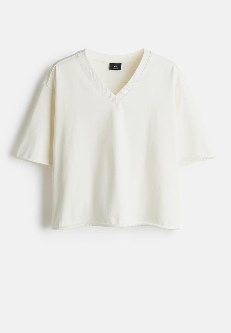 Oversized fit cropped v-neck t-shirt - white - 1273652001