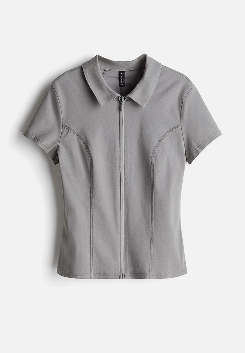 Collared zip-through top - grey - 1249617001