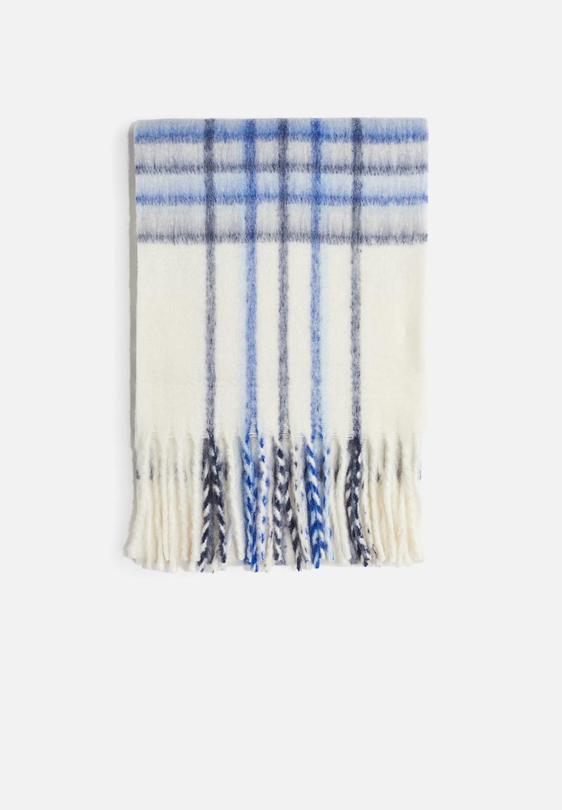 Fringed scarf - cream & blue checked - 1247924002
