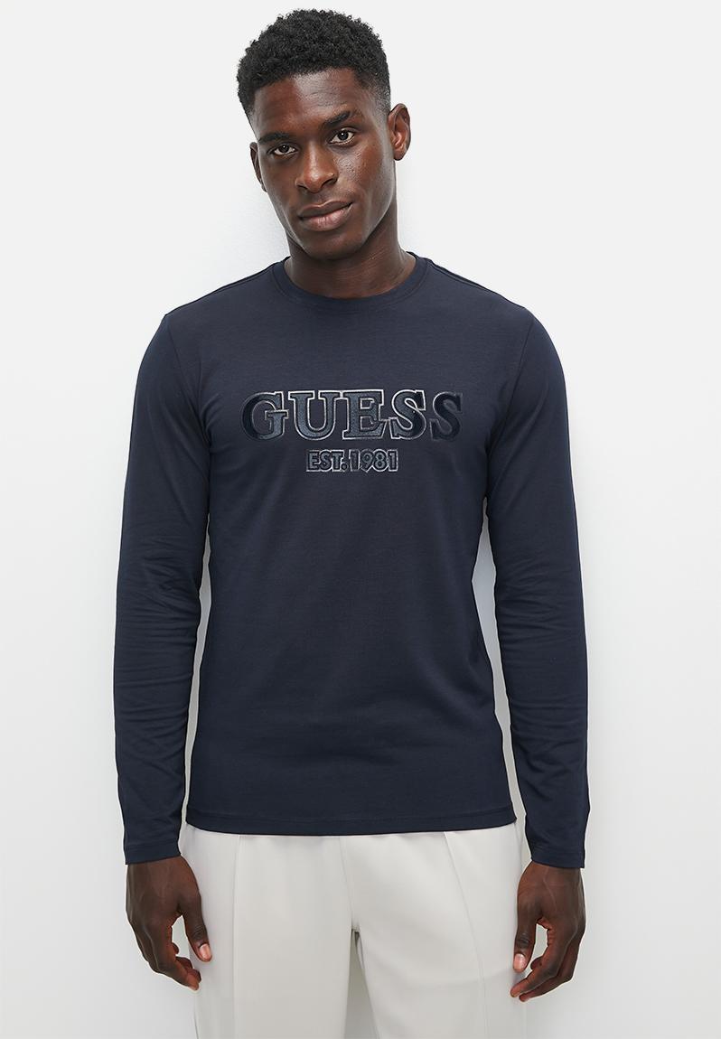 Long sleeve cn sprayed flock logo tee - smart blue GUESS T-Shirts ...