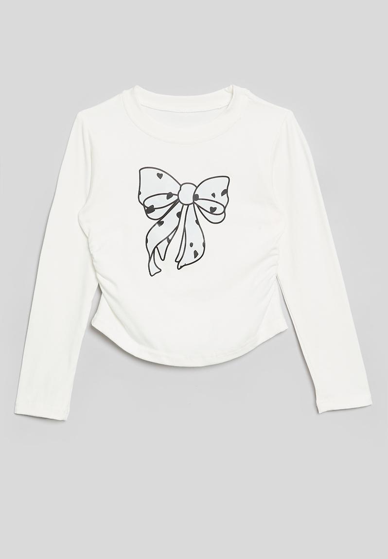 Bow print crew neck tee-white