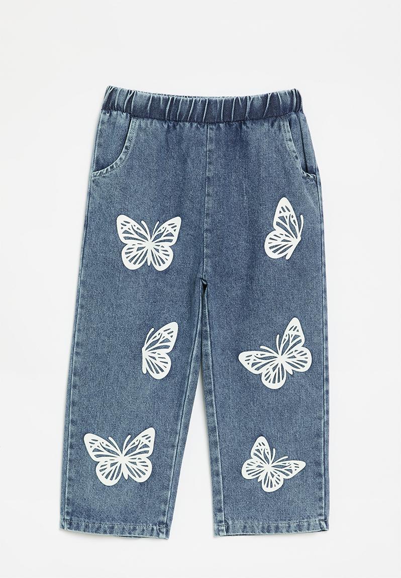 Butterfly print jeans-blue & white
