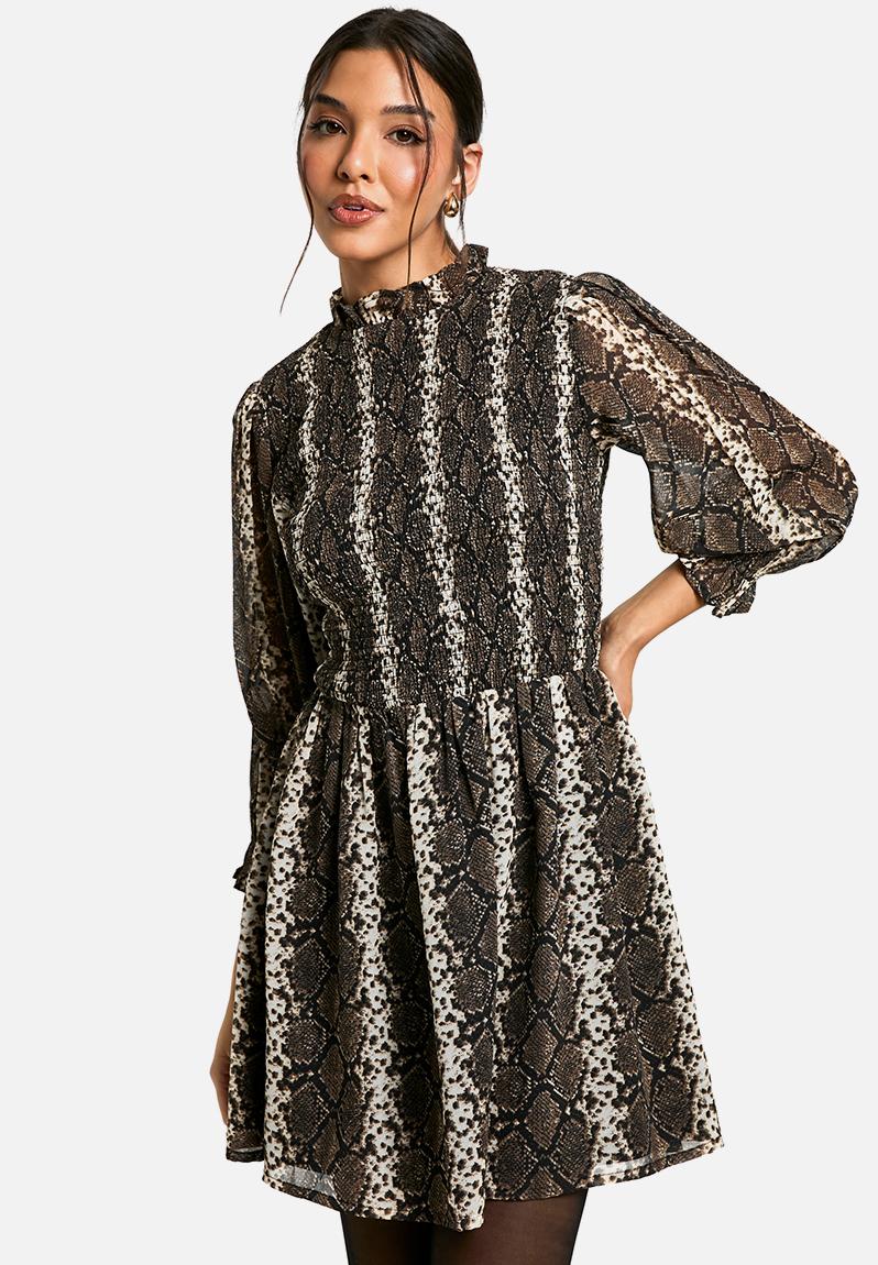 Snake shirred smock dress - brown