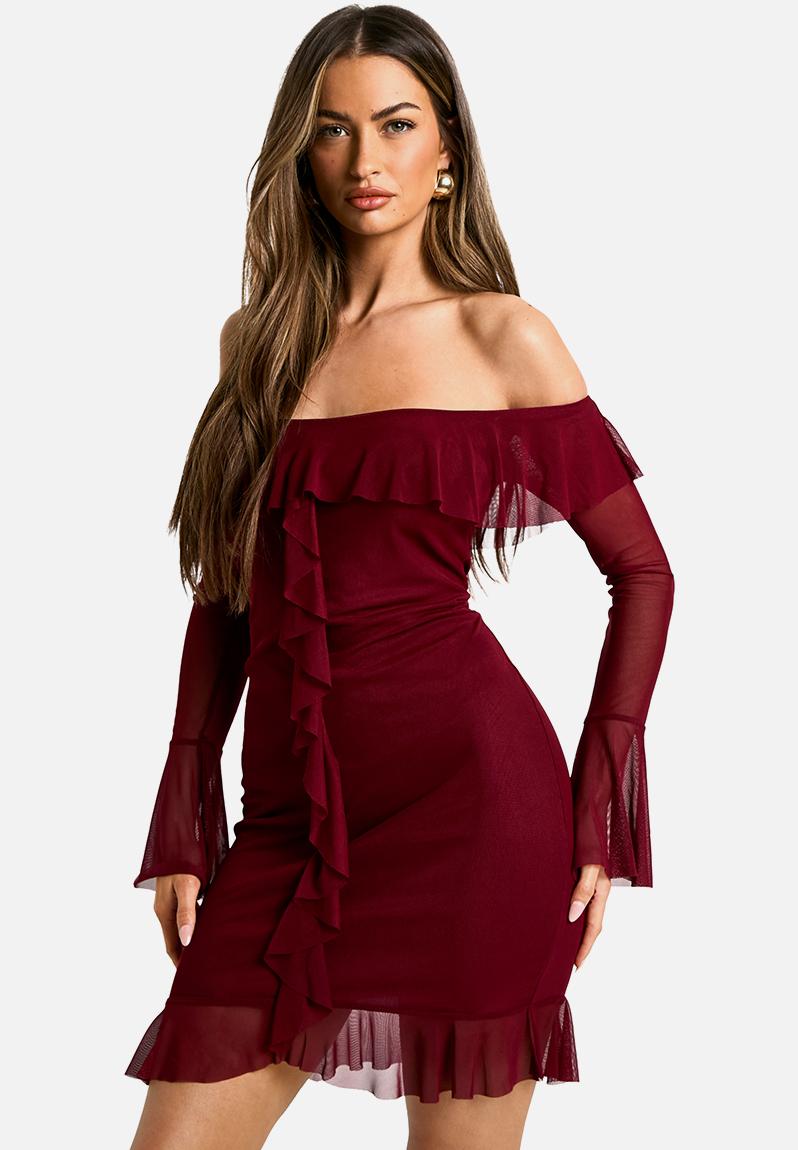 Assymetric ruffle mesh flare cuff mini dress - plum
