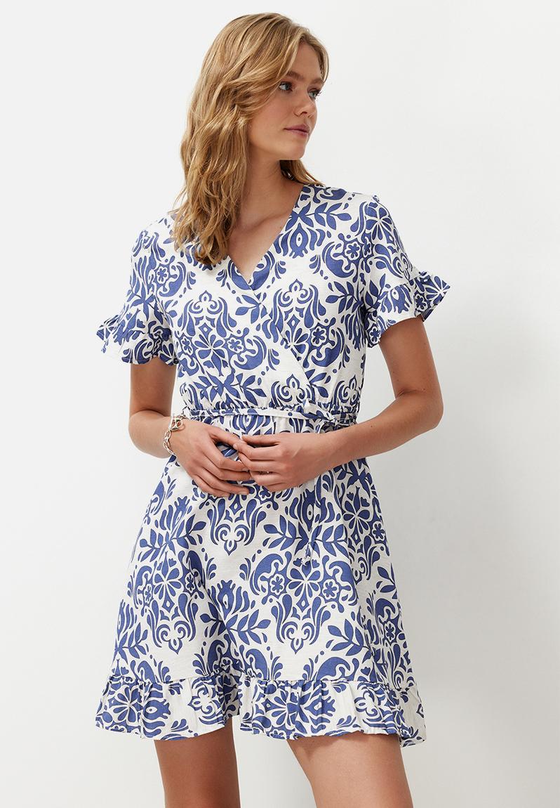 Ethnic patterned mini woven dress with open waist skirt - ecru