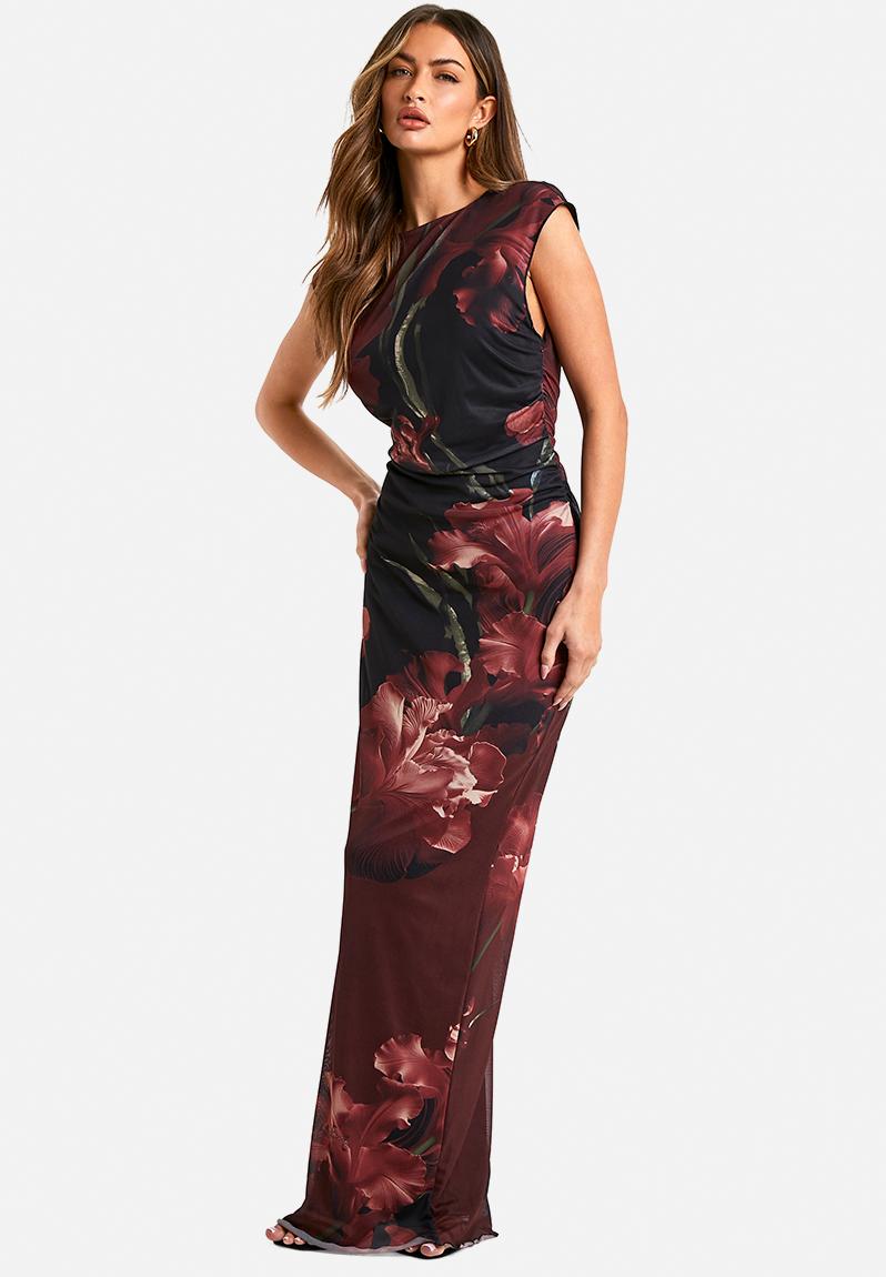 Large Floral Printed Mesh Maxi Dress Black
