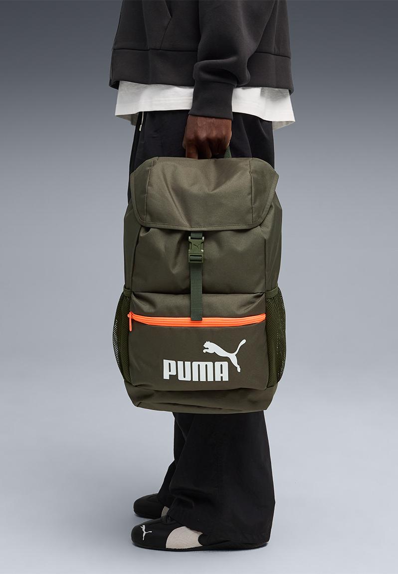 Puma Phase Hooded Backpack - Dark Olive-Glowing Red PUMA Bags & Wallets ...