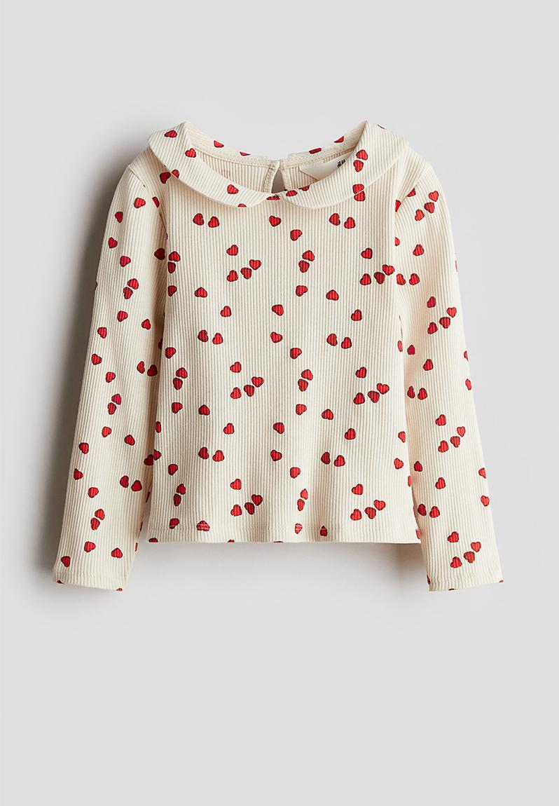 Collared jersey top - light beige/hearts - 1270160004
