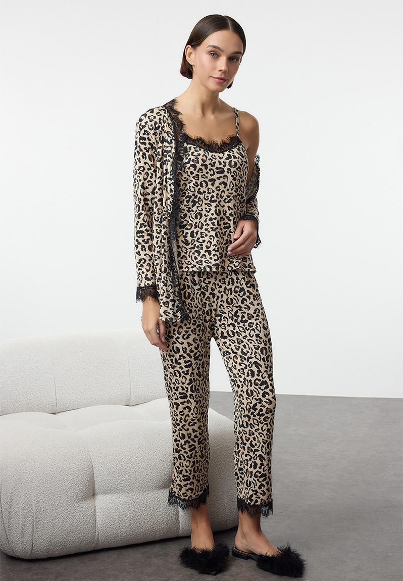 Leopard 3-Pack Lace and Lace Rope Strap Ribbed Knitted Pajama Set