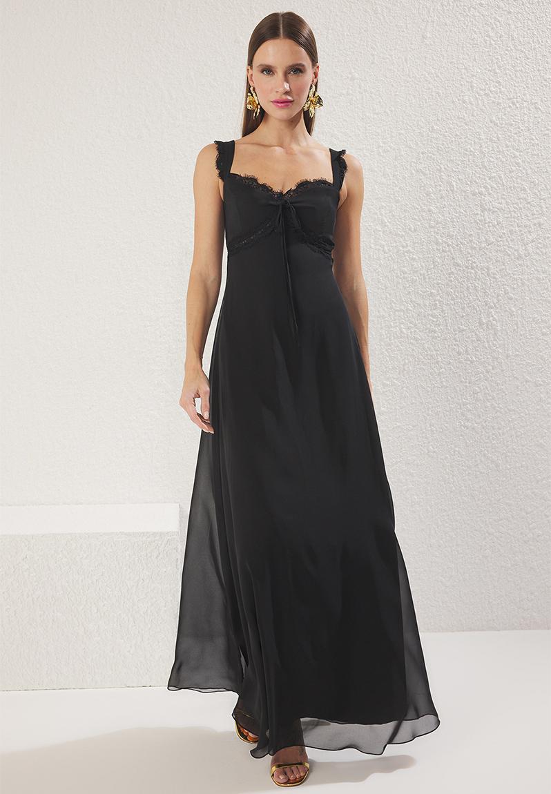 A-line lace detailed chiffon woven flowing long elegant evening ...