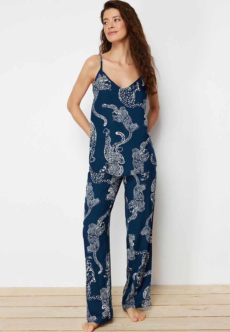 Navy Blue Tiger Patterned Rope Suspender Viscose Woven Pajama Set