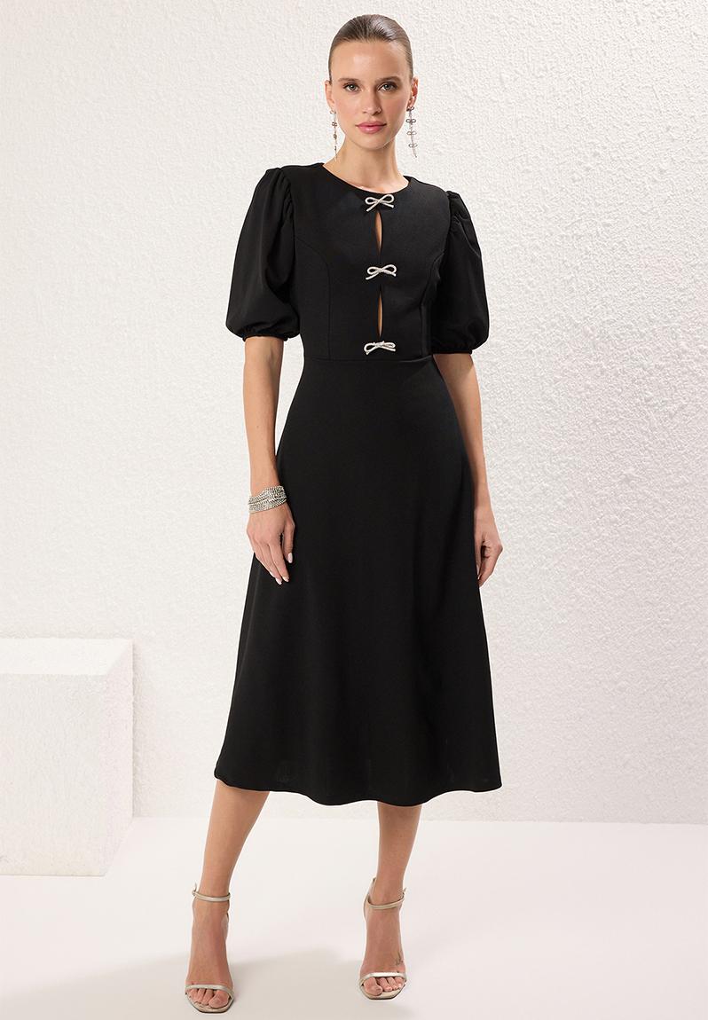 Flare bow knitted elegant evening dress - black Trendyol Occasion ...